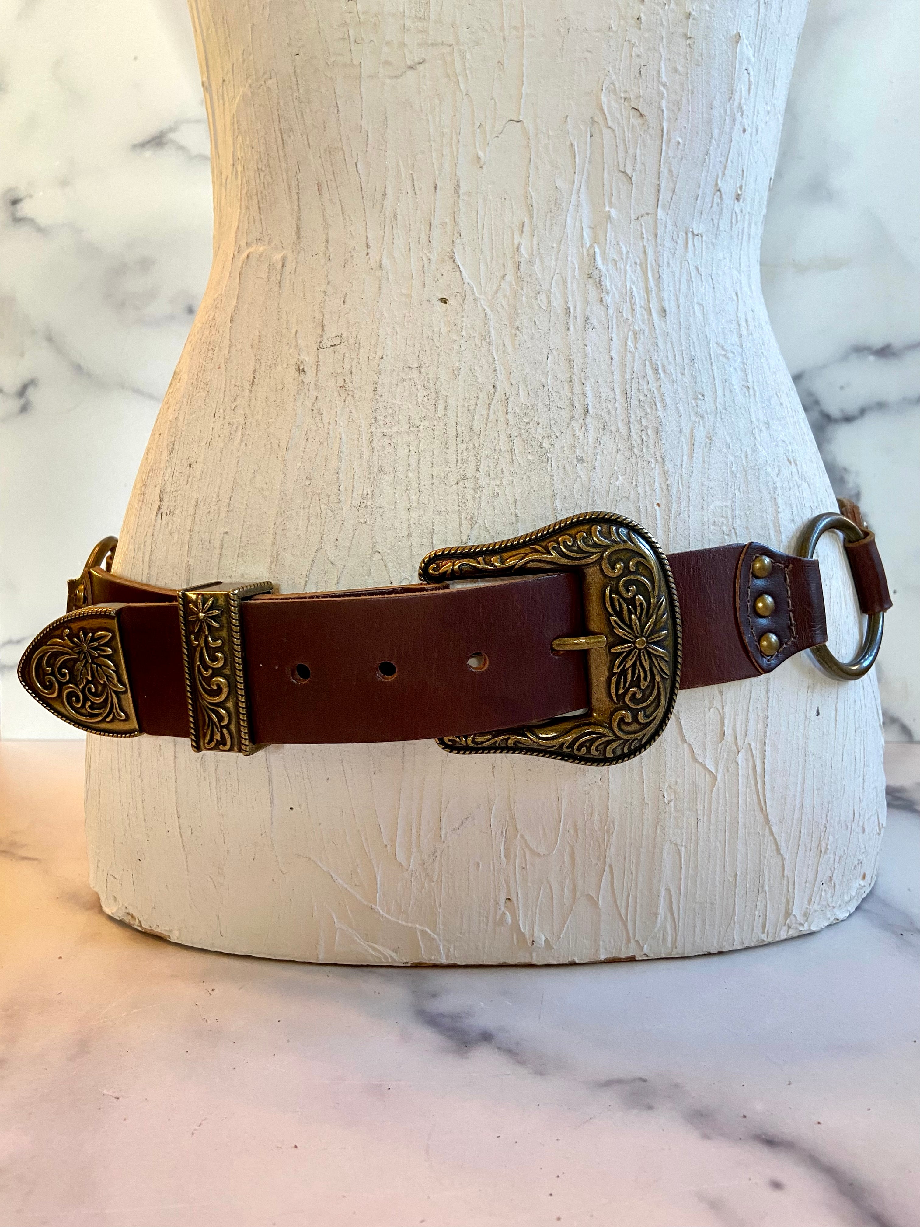 Big bronze buckle leather belt – Holy Thrift