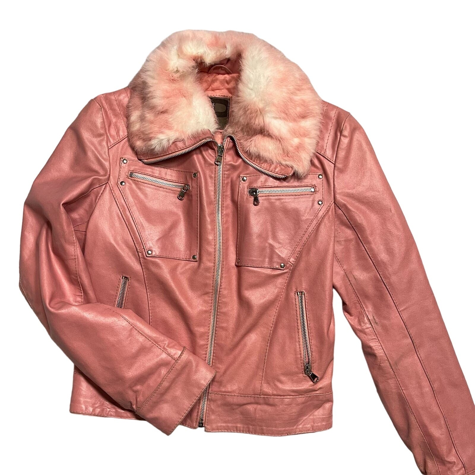90s pink leather jacket fur trim (XS/S) – Holy Thrift