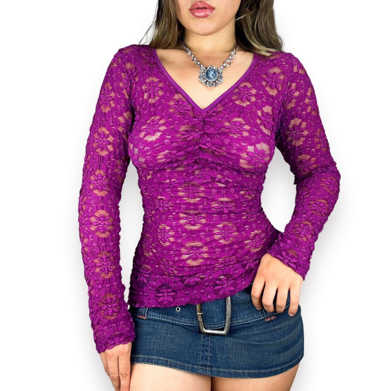 2000s Orchid Sheer Lace Top (M) – Holy Thrift