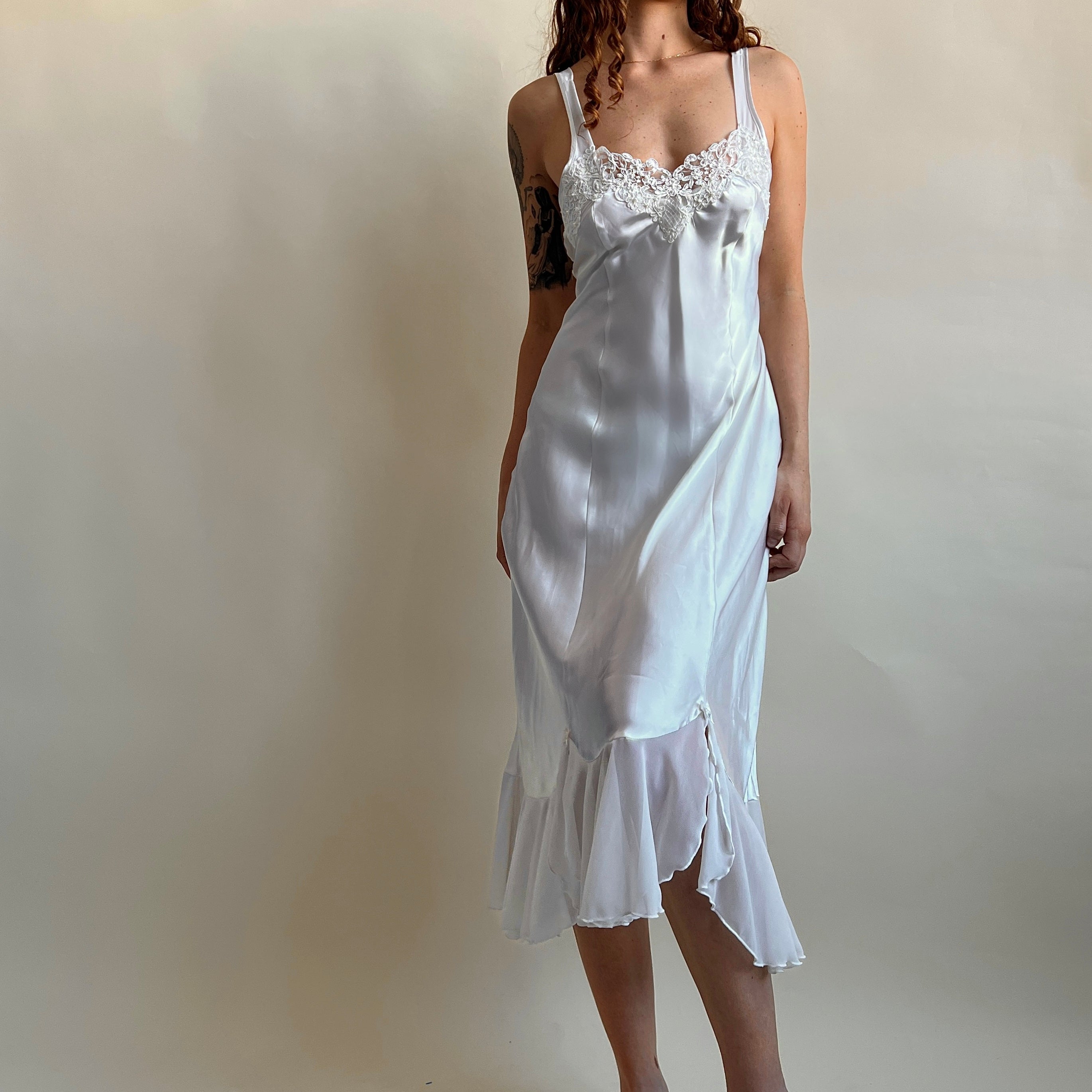 White satin beaded maxi slip (L) – Holy Thrift