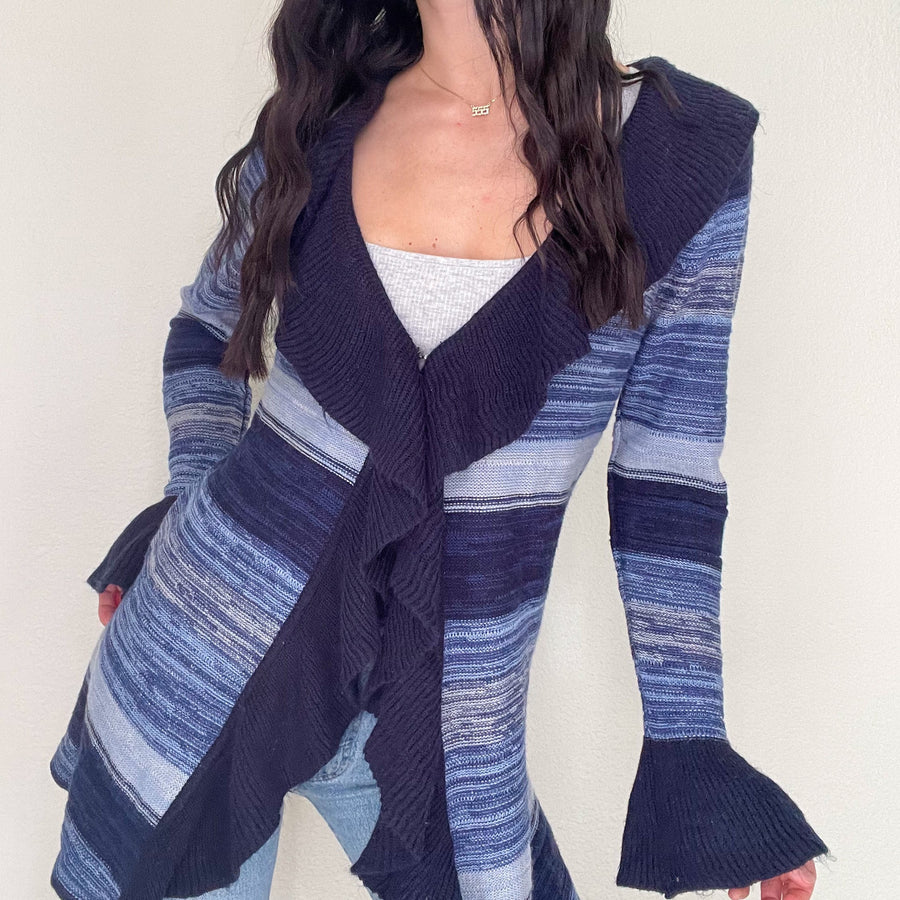 Blue Knit Ruffle 2000s Cardigan Sweater — Holy Thrift