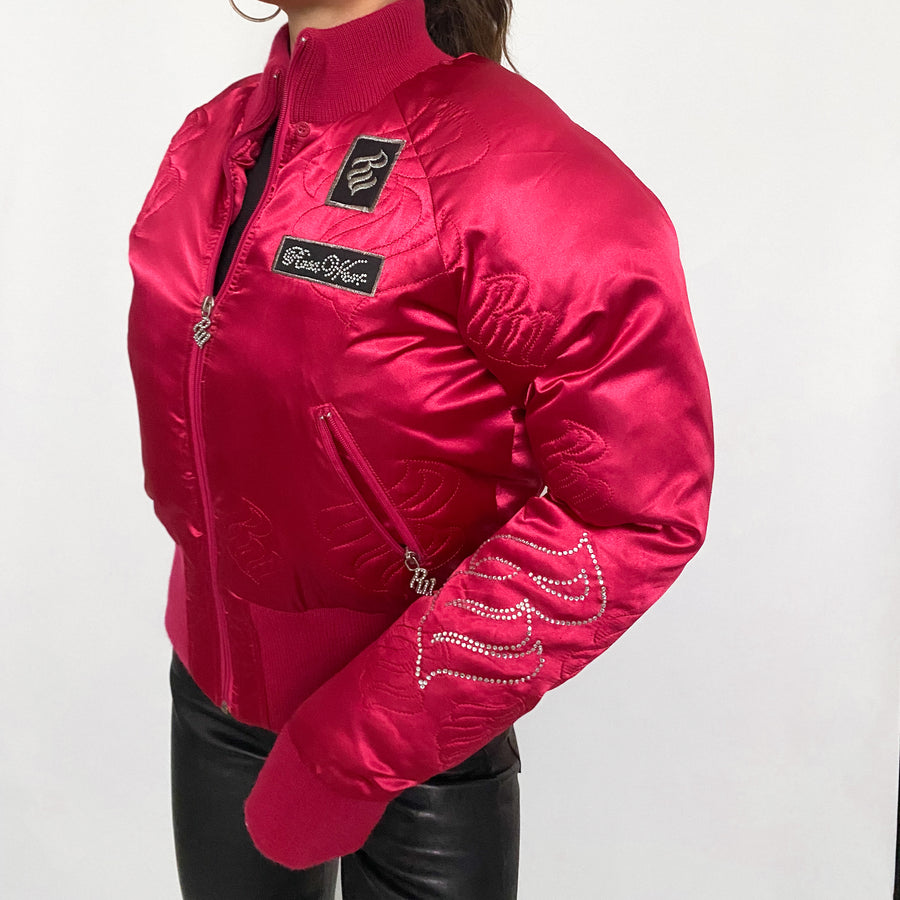 Insane Pink Satin Rocawear Bling Bling Puff Bomber Jacket — Holy Thrift