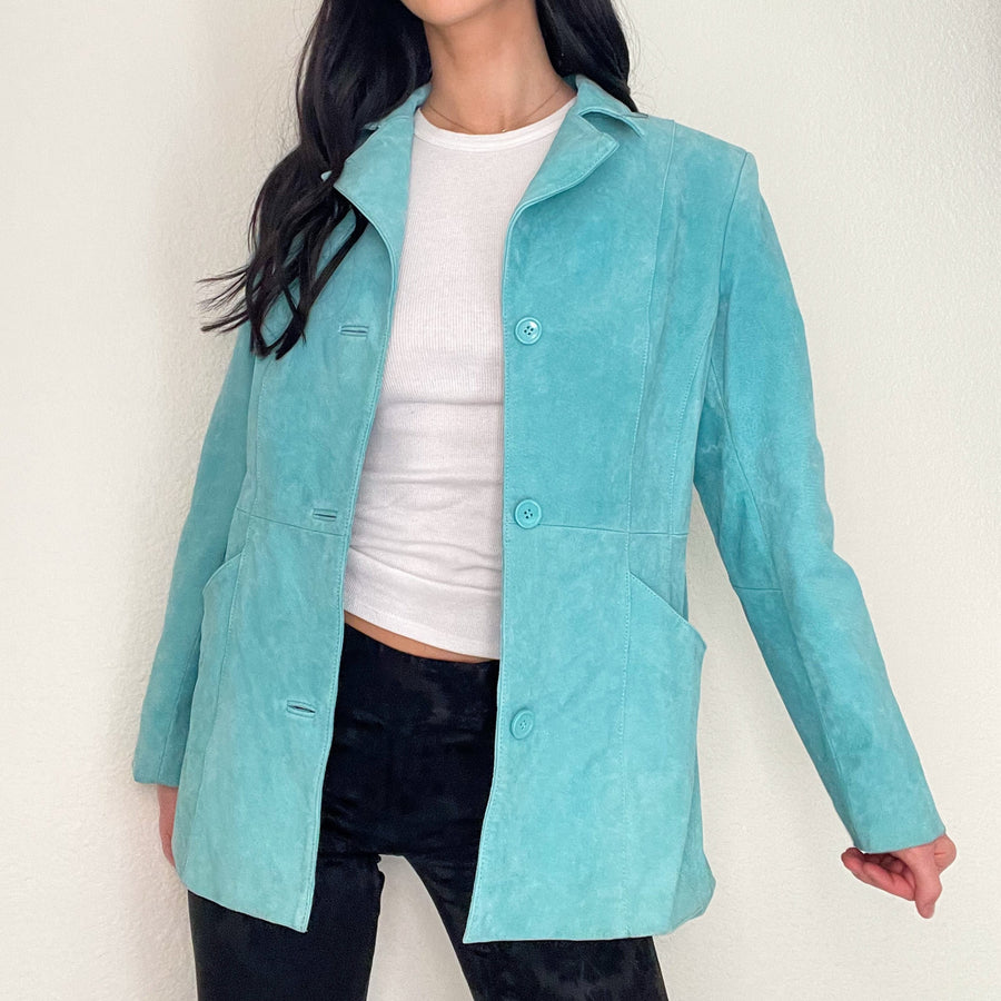 Turquoise Suede Leather Jacket — Holy Thrift