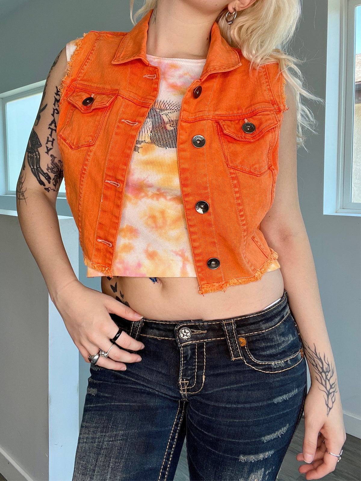Orange Cropped Denim Vest — Holy Thrift