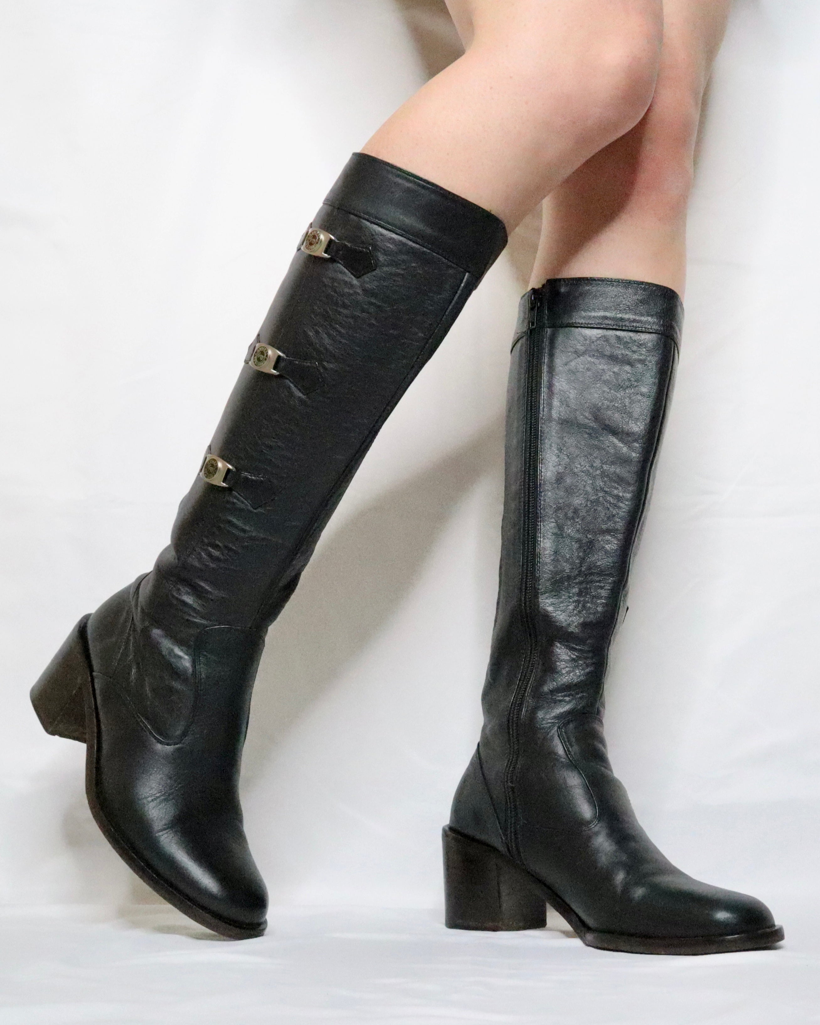 Knee High Black Leather Boots (7 US) – Holy Thrift